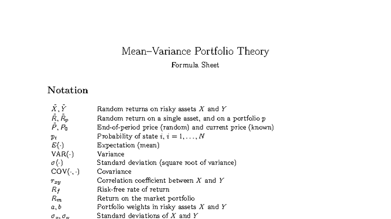 FT S2 1 - Portfolio Theory Formula Sheet and Notation Guide - Studocu