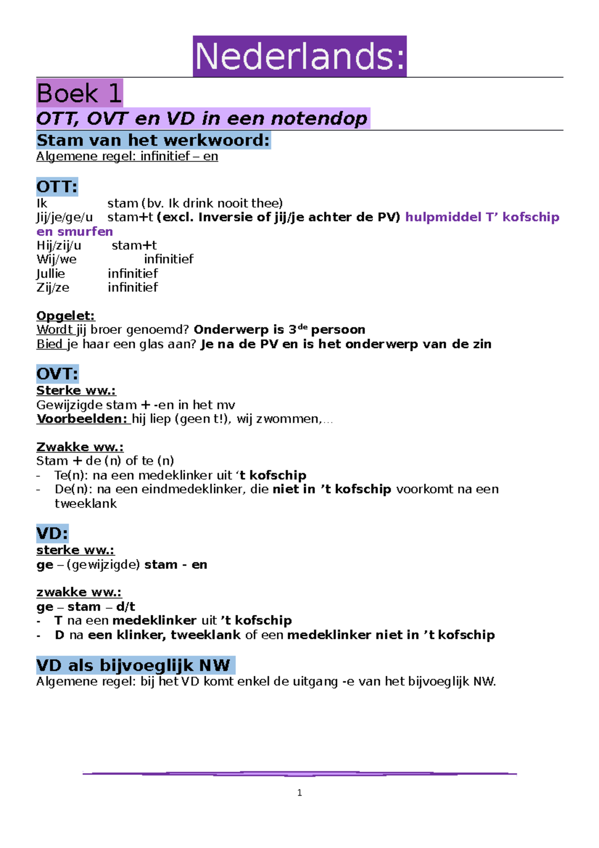 Nederlands samenvatting - Nederlands: Boek 1 OTT, OVT en VD in een ...