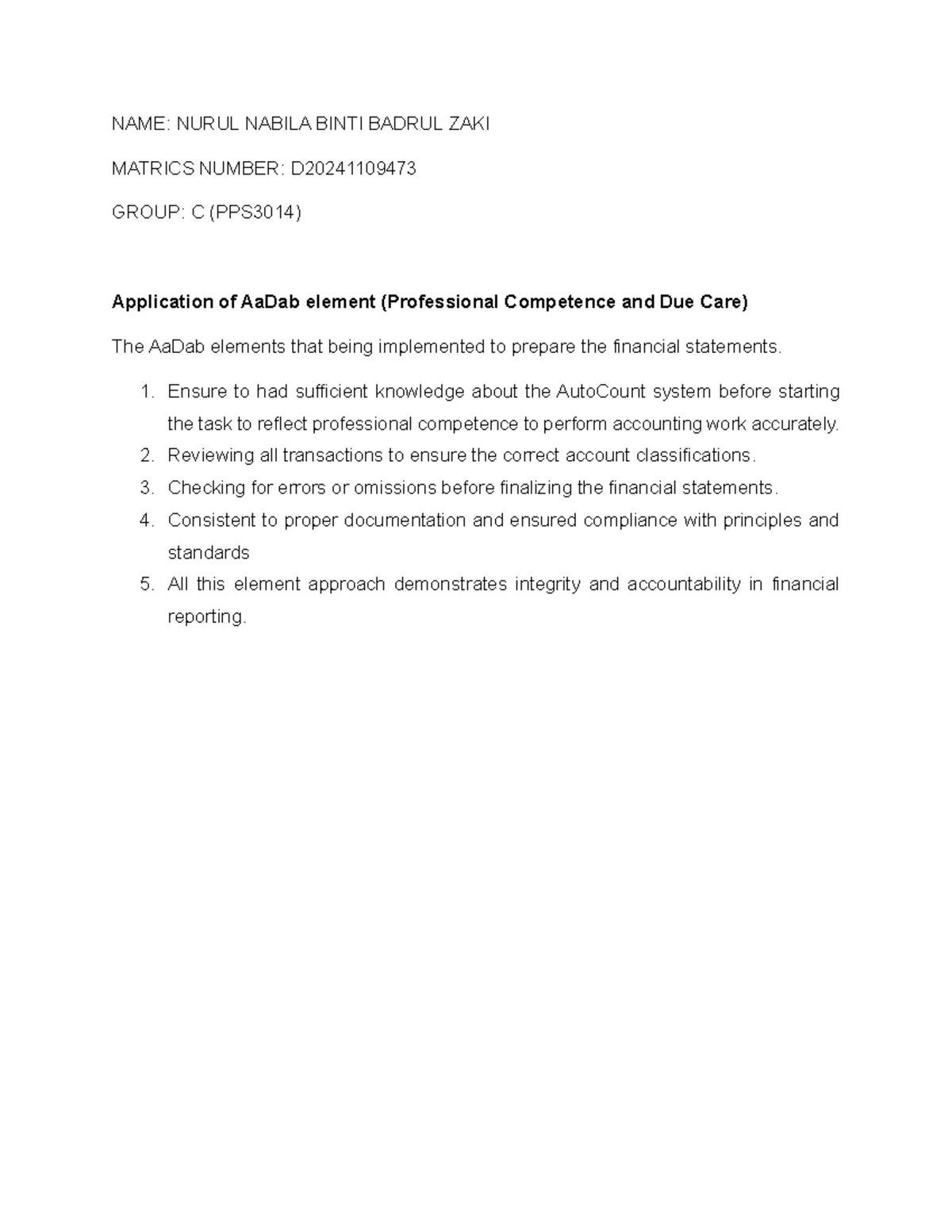 PPS3014: Application of AaDab Elements in Financial Reporting - Studocu