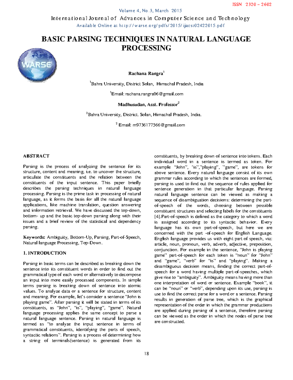 Ijacst 02432015 - Basic Parsing Techniques in NLP: Unit 3 Notes - Studocu