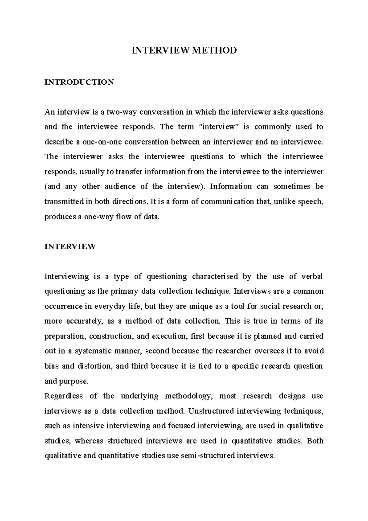 Interview Method - Lecture Notes 4: Understanding Data Collection ...