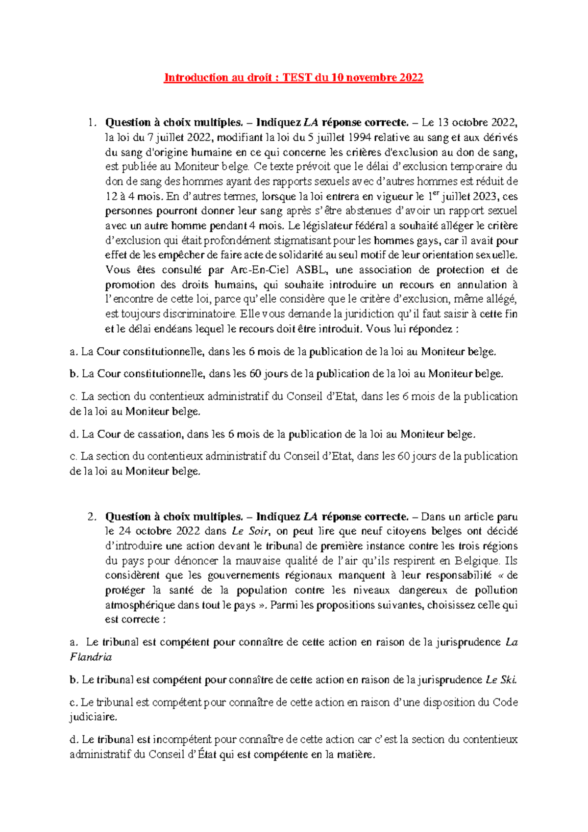 Introduction au droit : TEST du 10 nov. 2022 - Questions à choix ...