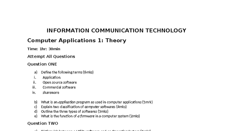 ICT 101: Computer Applications 1 Theory Notes and Questions - Studocu