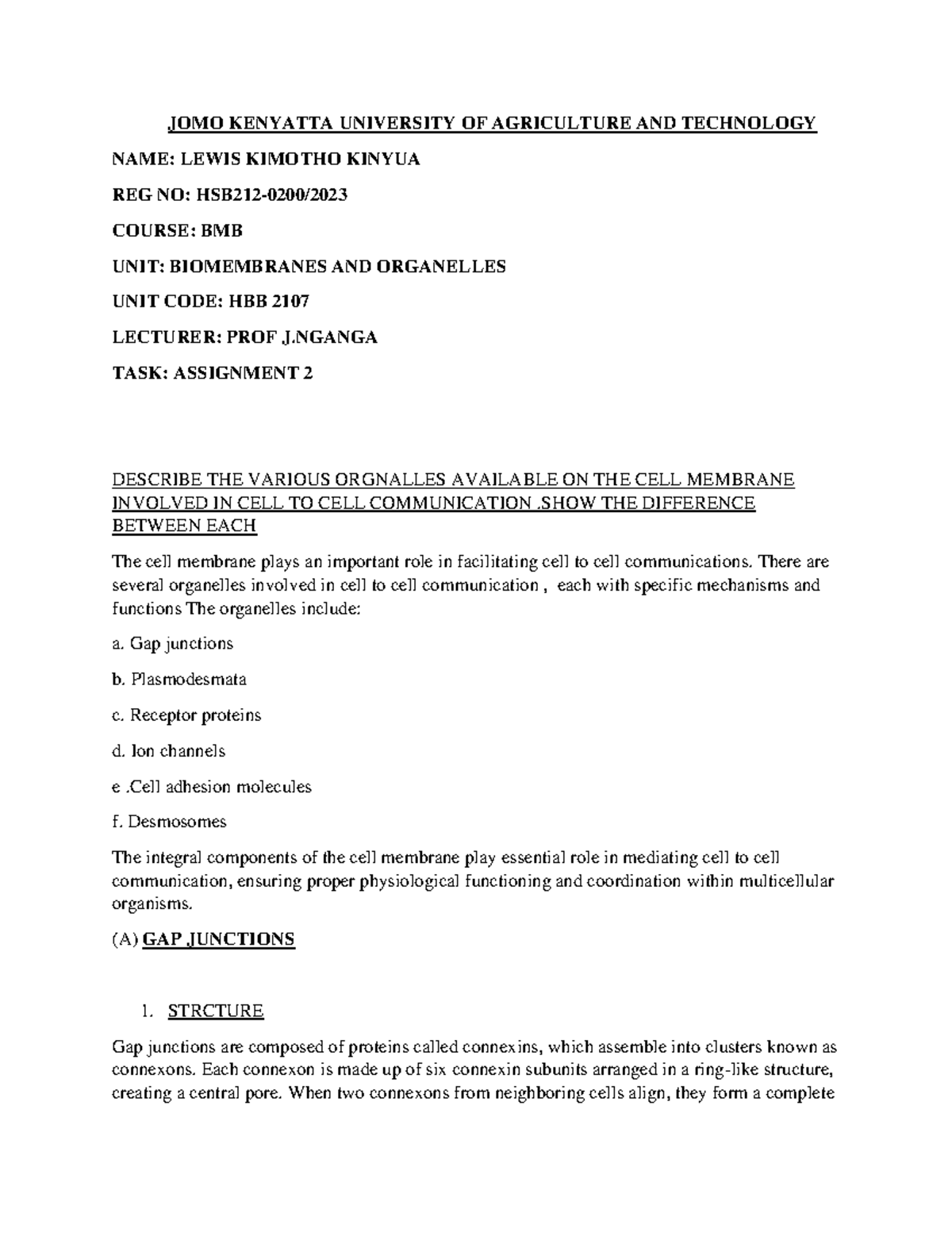 HBB 2107 Assignment 2: Organelle Functions in Cell Communication - Studocu