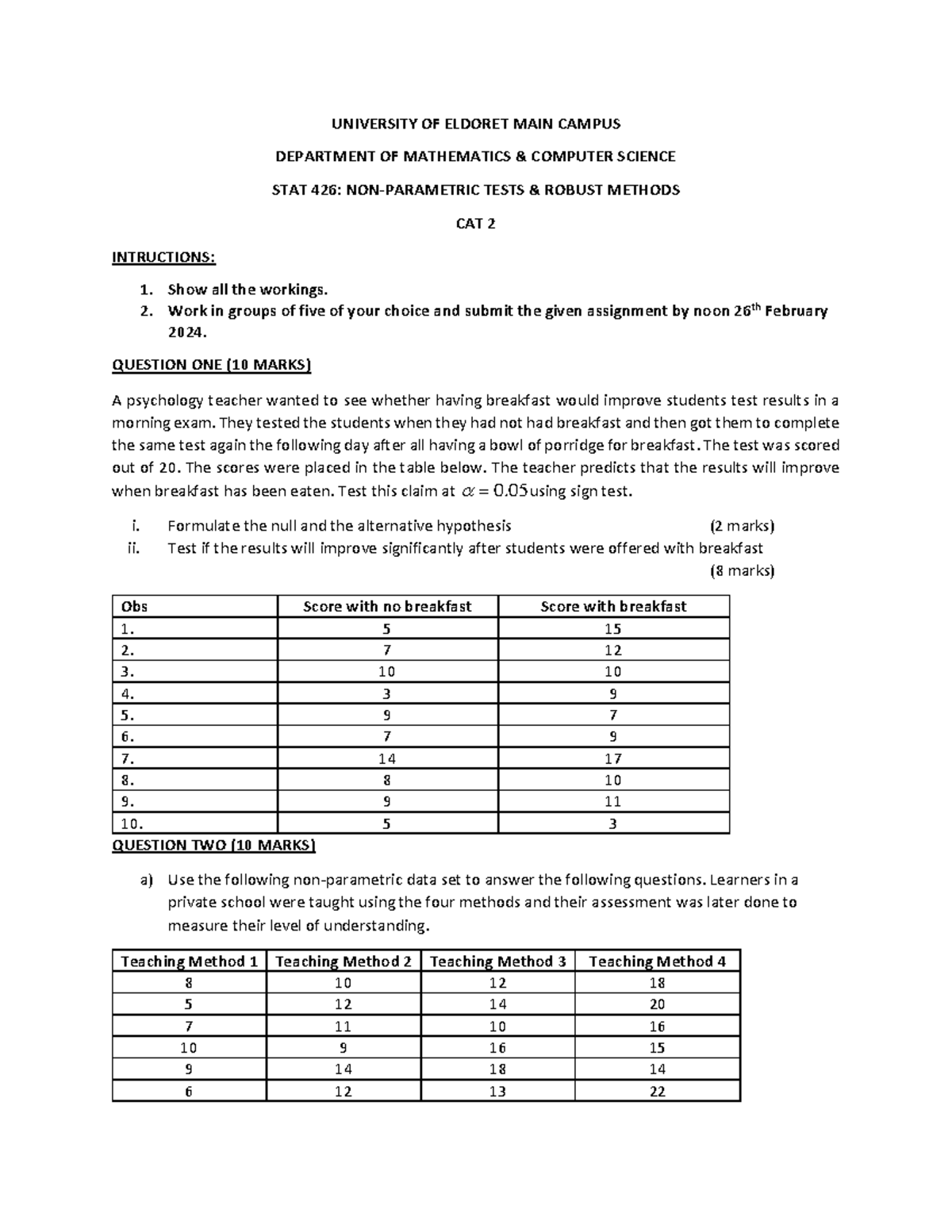 STAT 426 CAT 2-1 - Revision - UNIVERSITY OF ELDORET MAIN CAMPUS ...