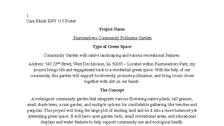 ENV 115 Community Garden Poster: Fairmeadows Pollinator Project - Studocu