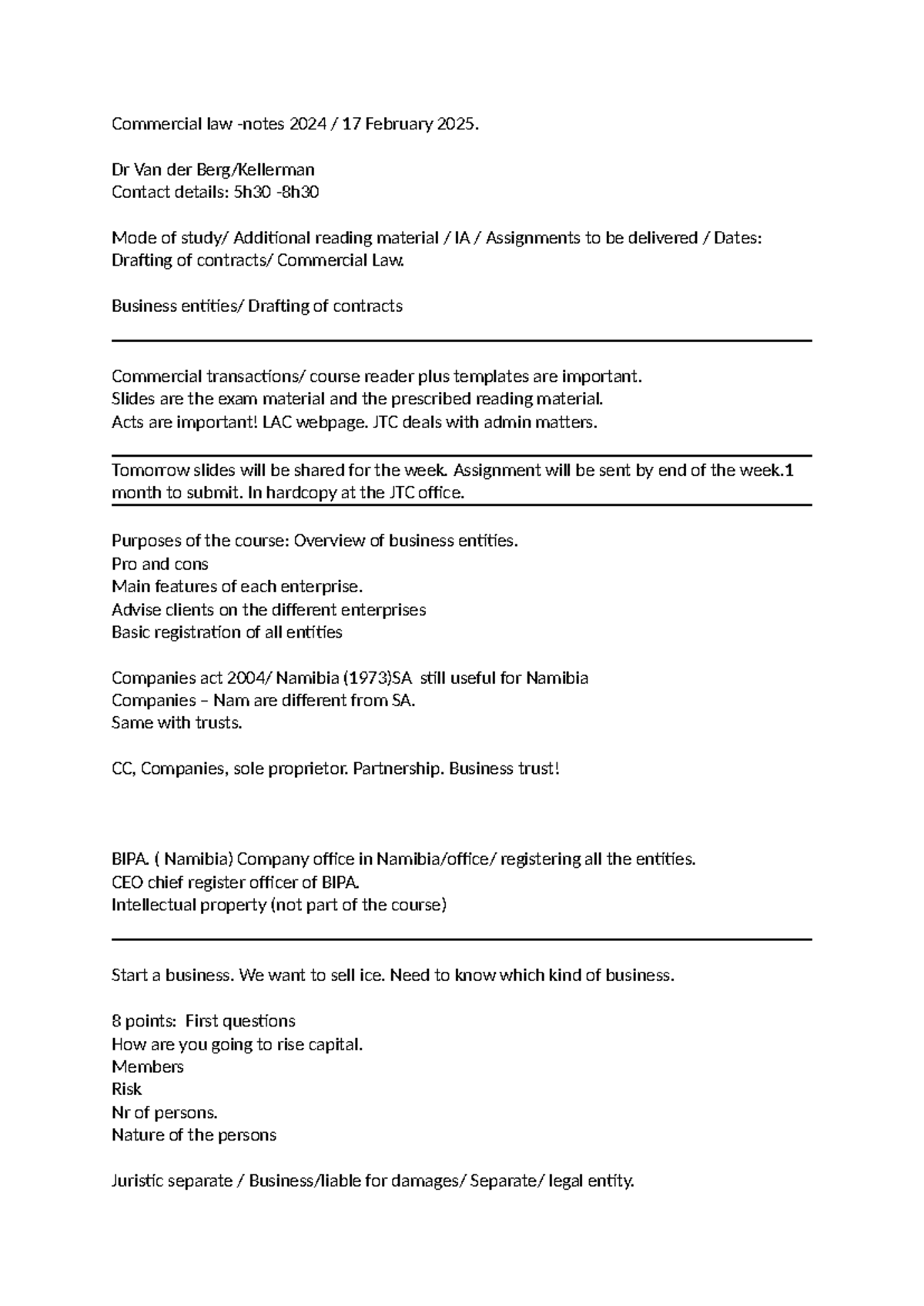 Commercial Law (2024) Class Notes: Business Entities and Partnerships ...