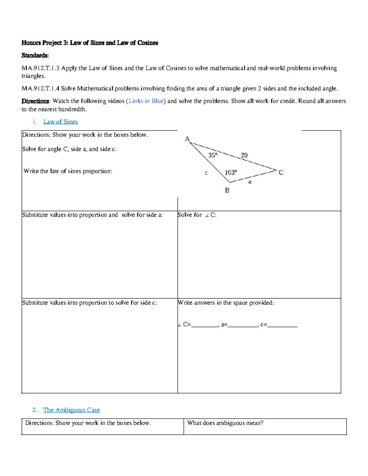 Honors Project 3: Law of Sines & Cosines Guide (MA.912.T) - Studocu