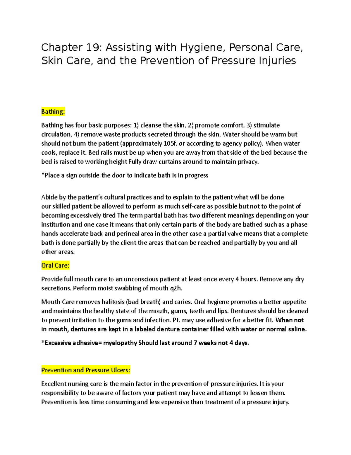 NUR 101 Chapter 19: Hygiene, Personal Care & Pressure Injury Prevention ...
