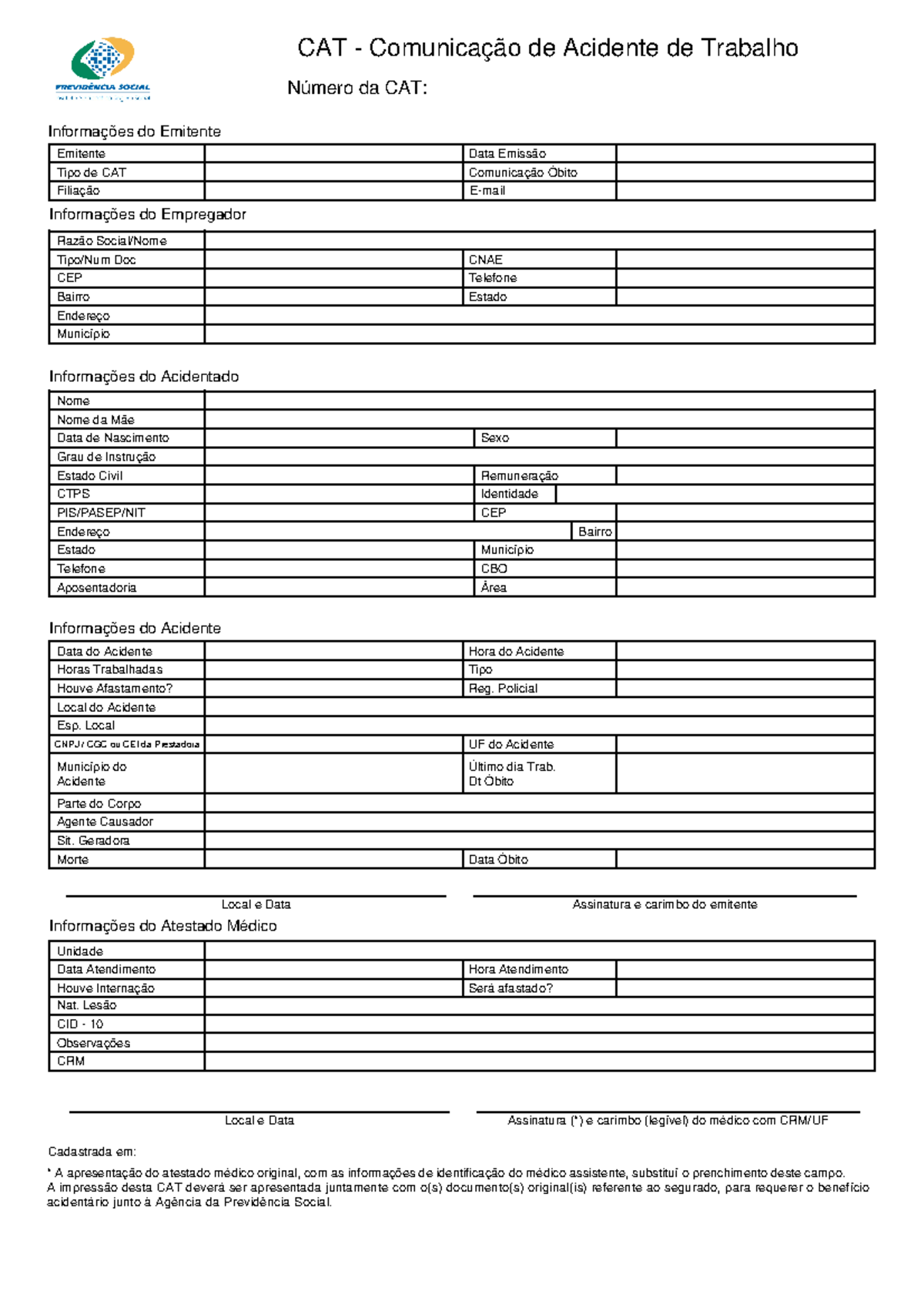 Modelo CAT - Número da CAT: CAT - Comunicação de Acidente de Trabalho ...