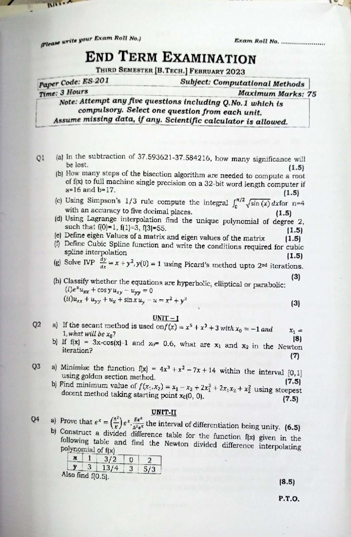 End Term Exam Paper: Computational Methods (Paper Code: 3rd Sem, Feb ...