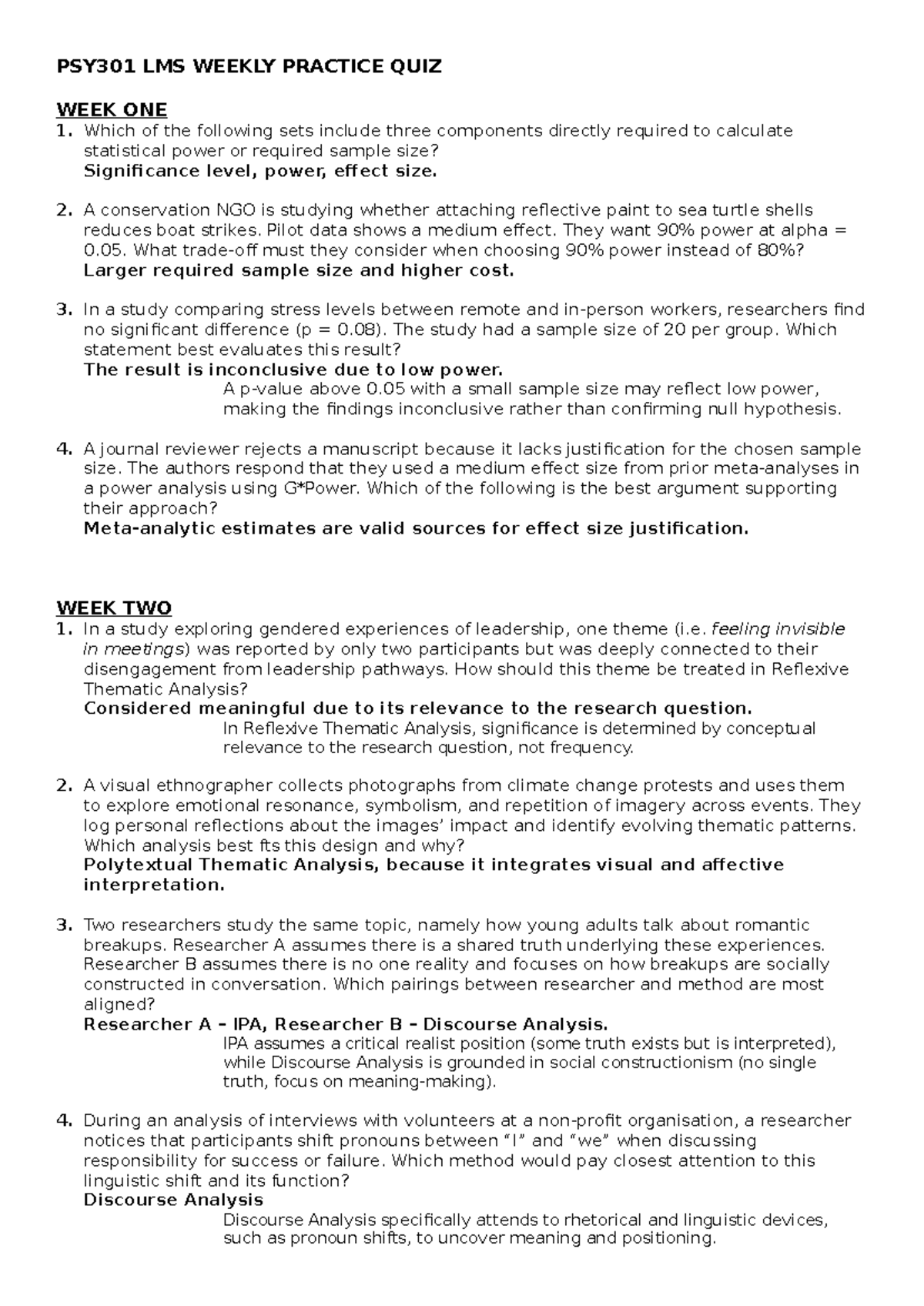 PSY301 LMS Weekly Practice Quiz: Weeks 1-12 Overview - Studocu