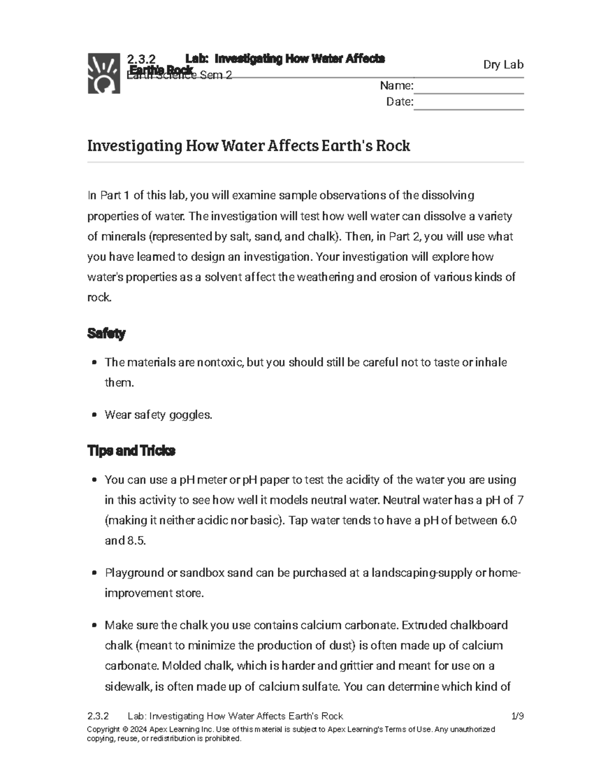 Earth Science Sem 2 - Lab: Effects of Water on Rock Weathering and ...