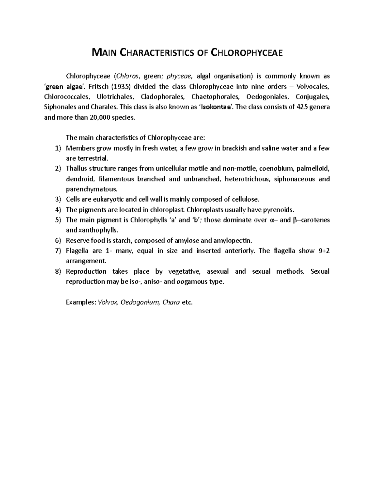 Chlorophyceae Main characeristics. ZT - MAIN CHARACTERISTICS OF ...