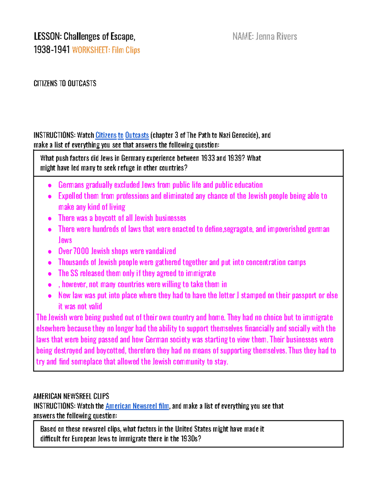 Ushmm Challenges of Escape (1938-1941) - Worksheet by Jenna Rivers ...