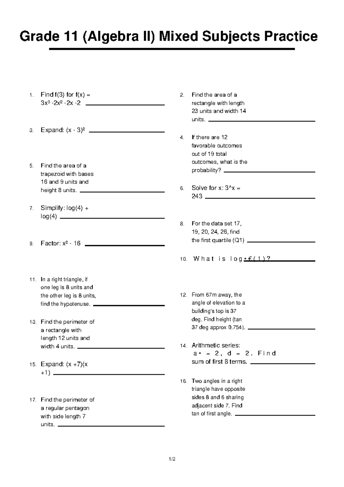 Grade 11 (Algebra II) Mixed Subjects Practice 9 Solutions - Studocu