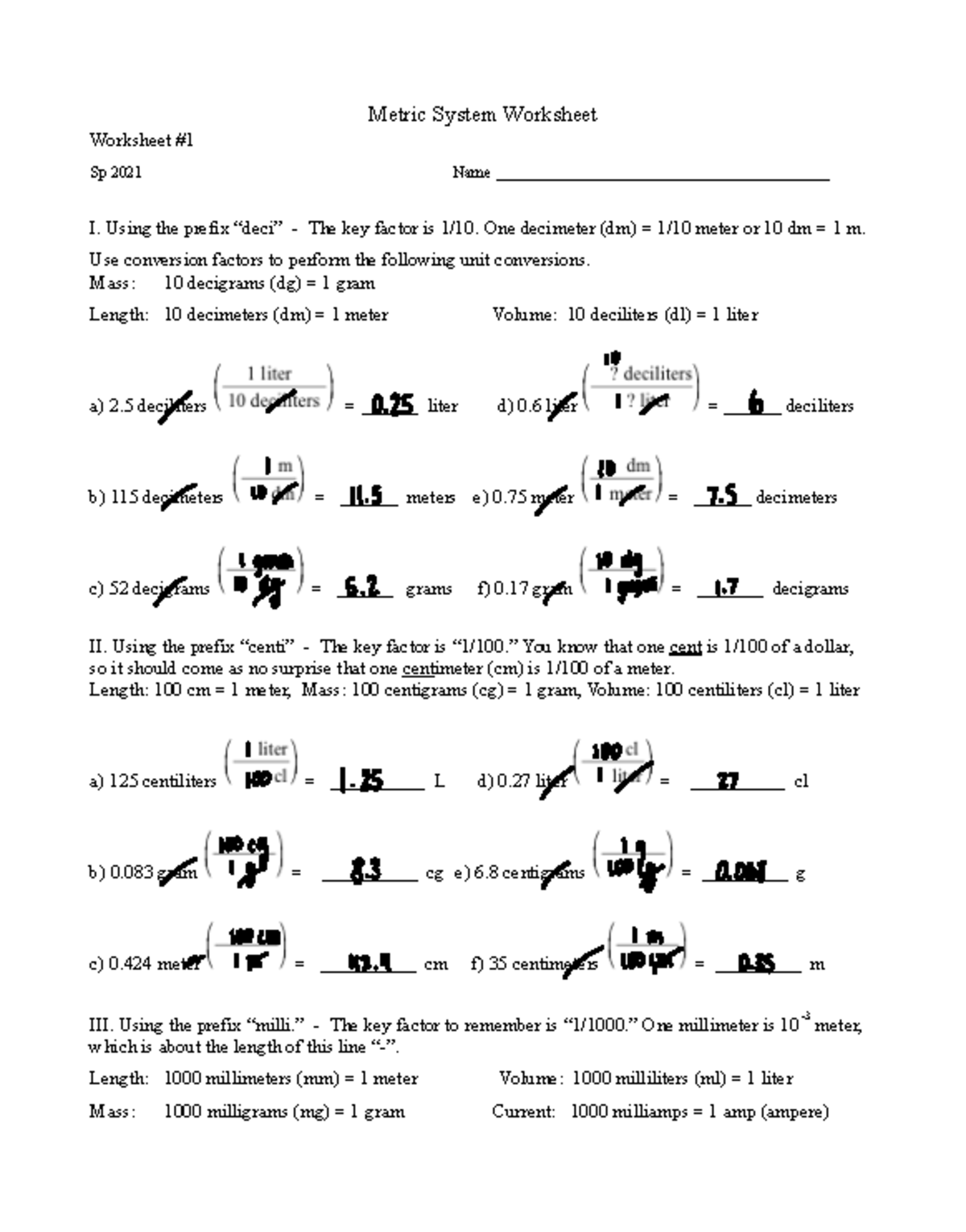 Metric Conversions Homework - Worksheet for Sp 2021 - Studocu