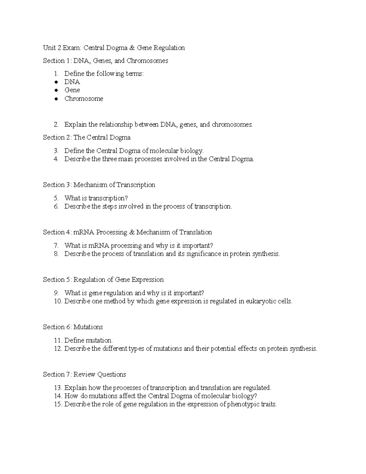 Unit 2 Exam: Central Dogma & Gene Regulation Overview - Unit 2 Exam ...