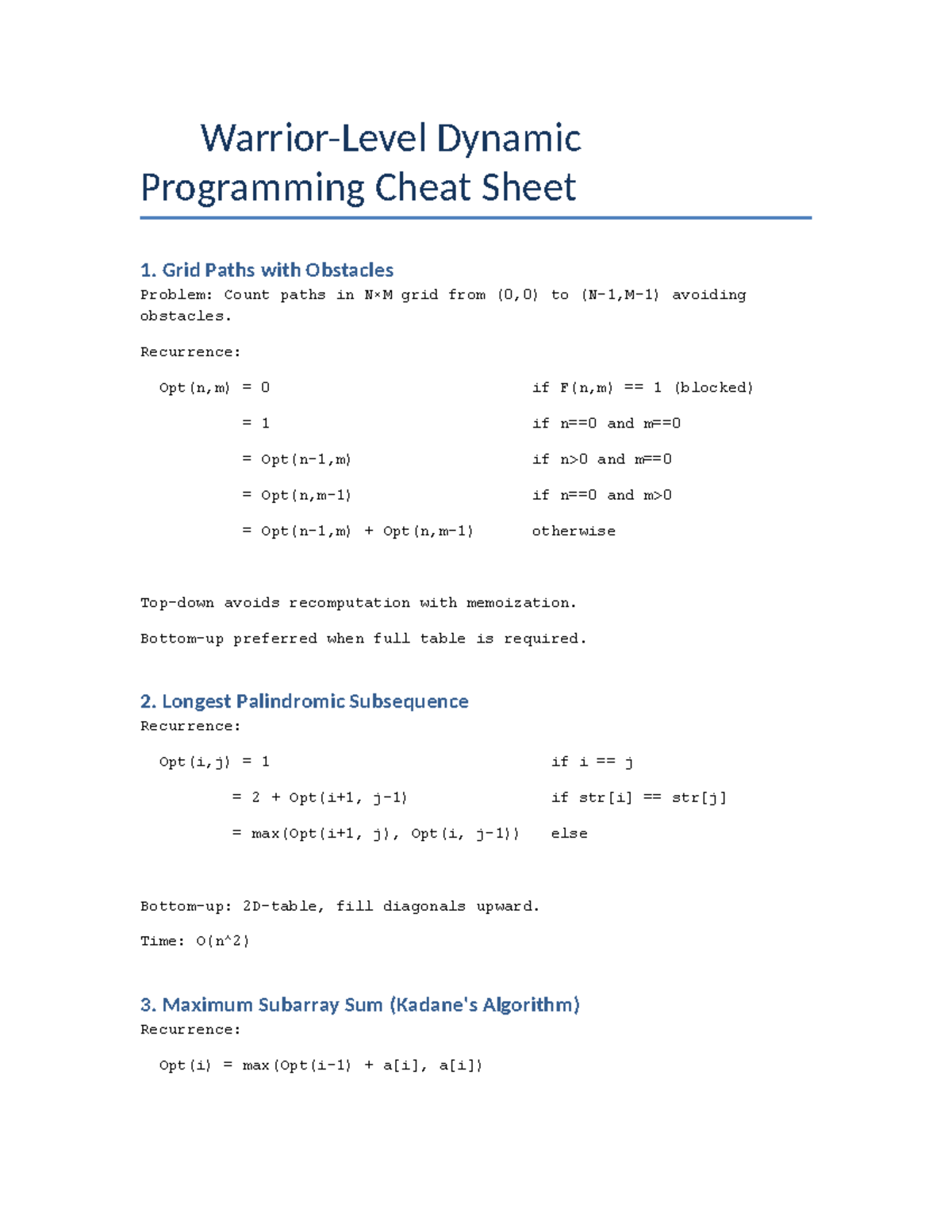 Dynamic Programming (DP) Cheat Sheet: Key Algorithms & Recurrences - Studocu