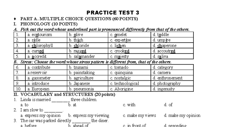 PRACTICE TEST 3: PHONOLOGY, VOCABULARY, & READING COMPREHENSION - Studocu