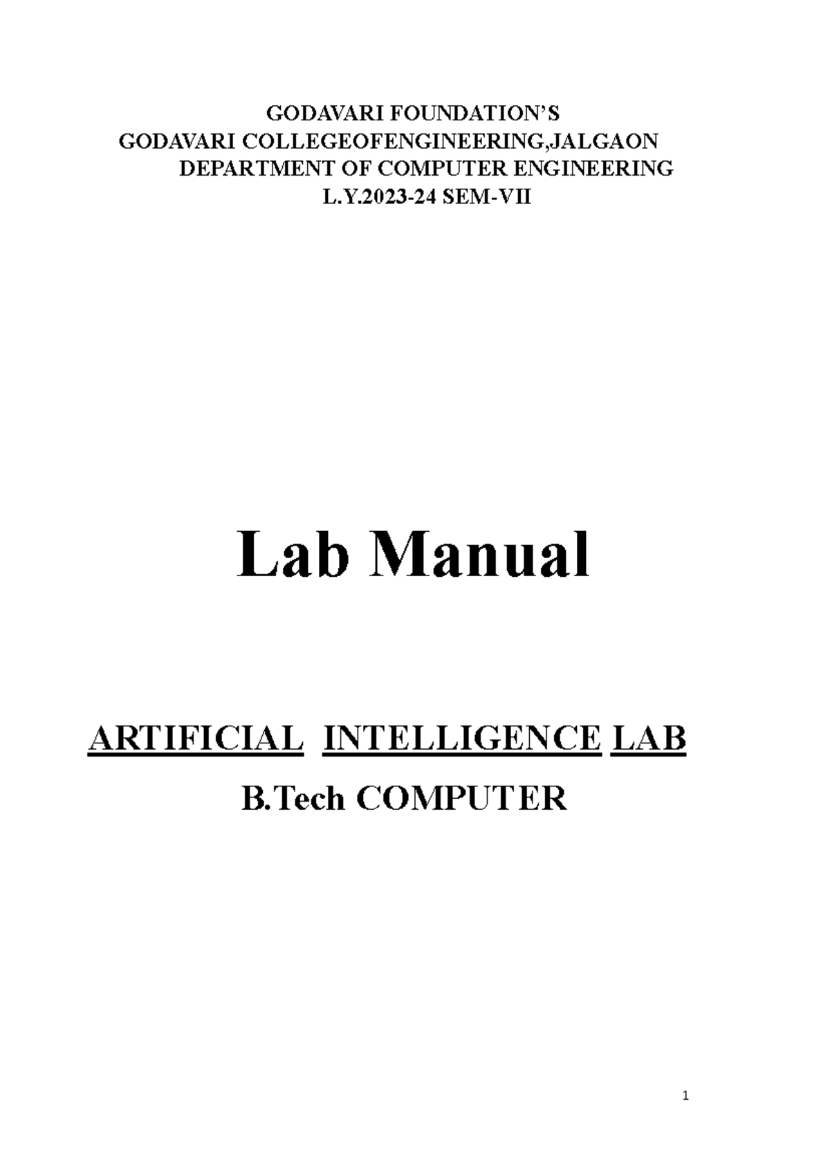 Artificial Intelligence Lab Manual - B.Tech Sem-VII (AI LAB 1) - Studocu