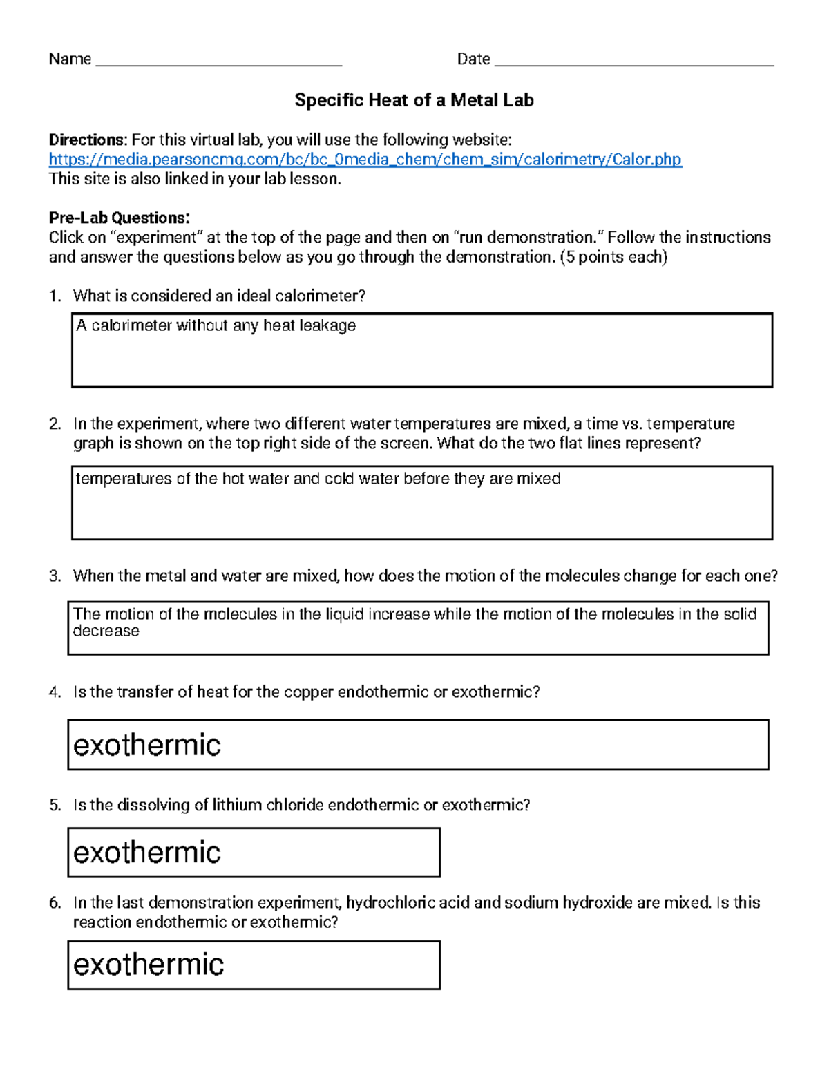 Specific Heat of a Metal Lab (CHEM 101) - Virtual Experiment Guide ...