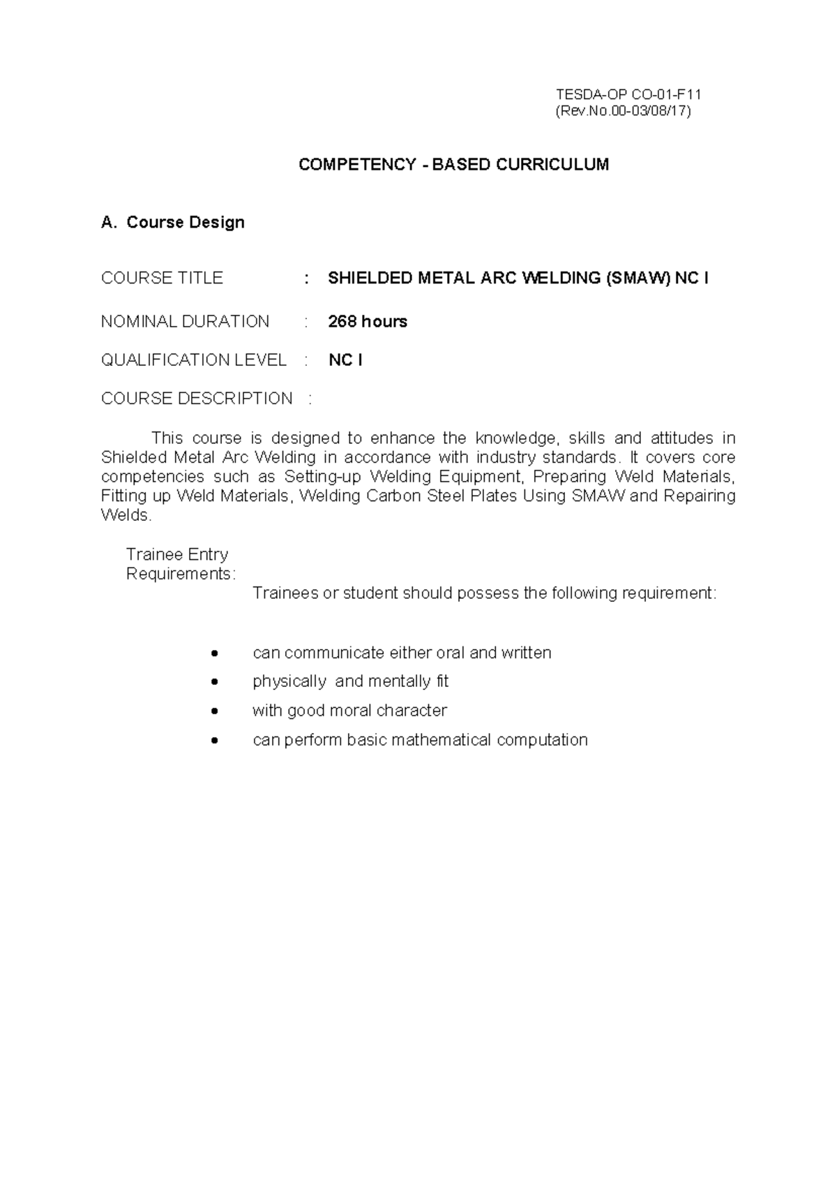 CBC SMAW NC I Course Design: Competency-Based Curriculum - Studocu