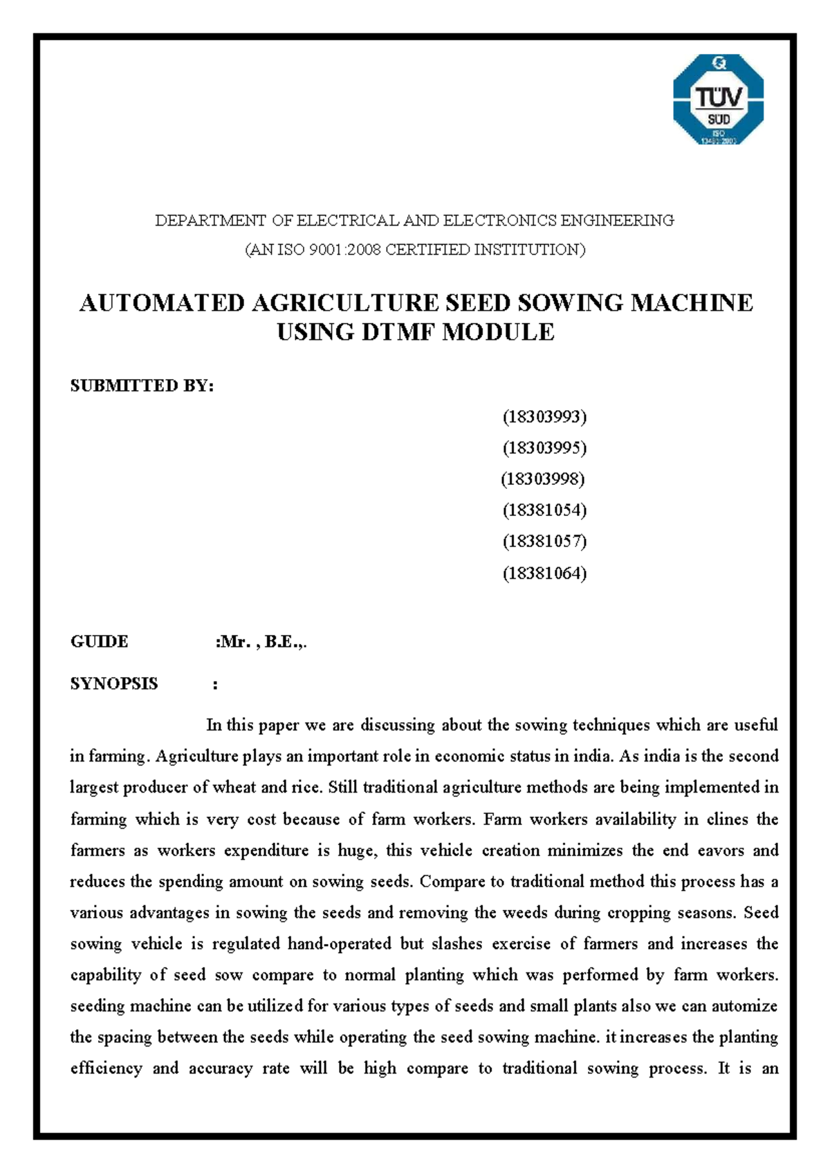 Automated Agriculture Seed Sowing Machine Using DTMF Module (18303993 ...