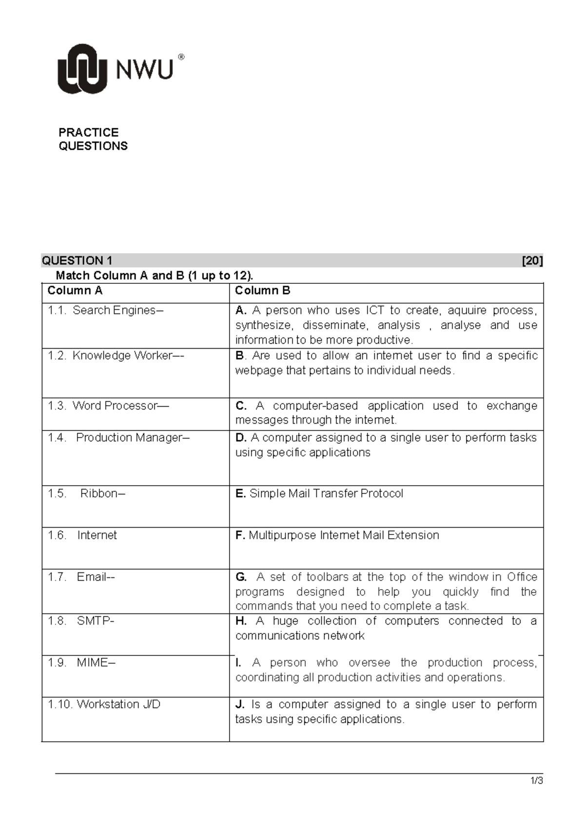 PRACTICE QUESTIONS: MATCHING EXERCISE (ICT) - Studocu