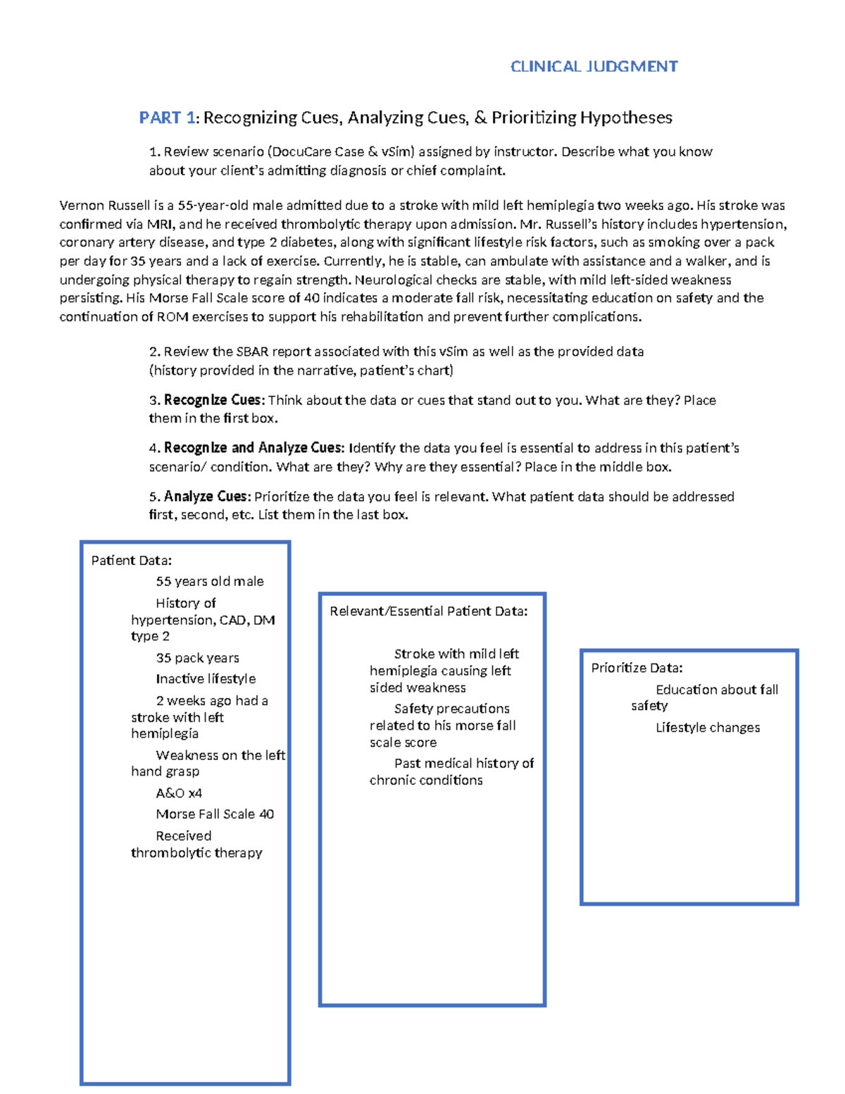 Vernon Russell Pre-Sim Clinical Judgment Worksheet - Final Exam ...