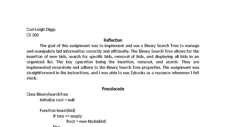CS 300 5-2 Reflection on Binary Search Tree Implementation - Studocu
