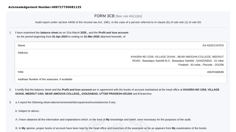 Audit Report under Section 44AB - Form 3CB for AS Associates - Studocu