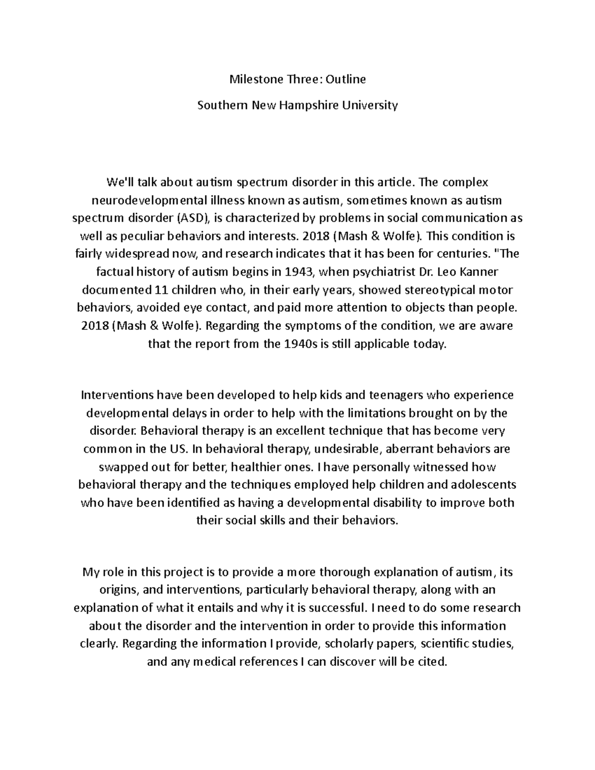Milestone Three Outline: Autism Spectrum Disorder Analysis (PSY 314 ...