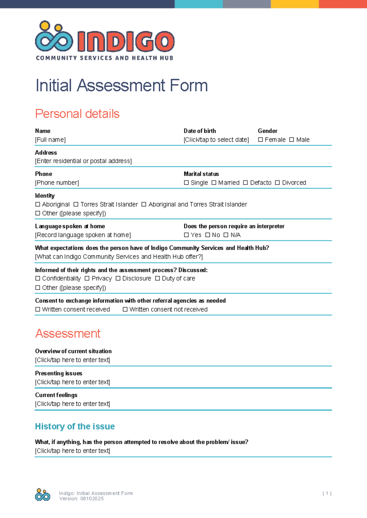 Indigo Community Services: Initial Assessment Form - Studocu