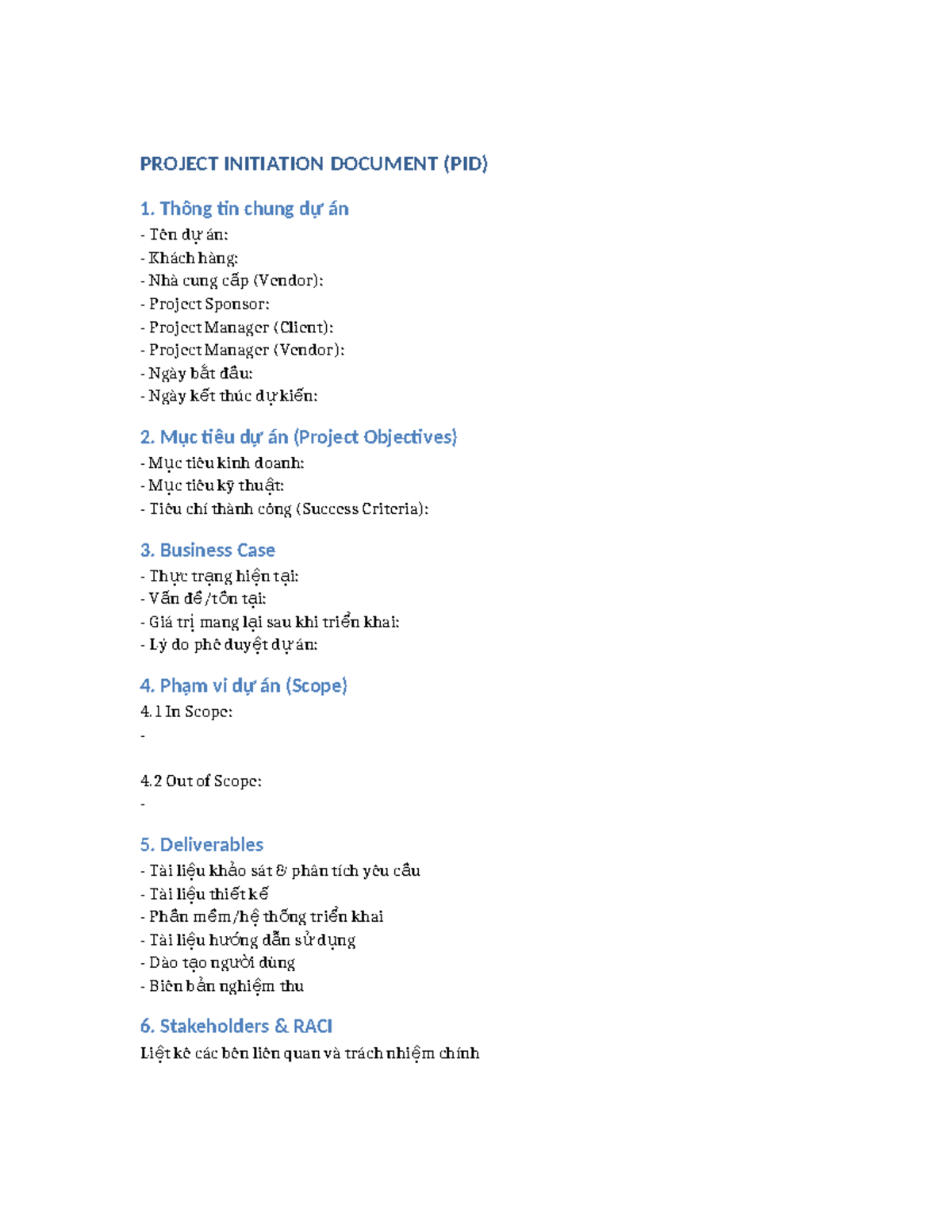 PROJECT INITIATION DOCUMENT (PID) Template for Project Planning - Studocu