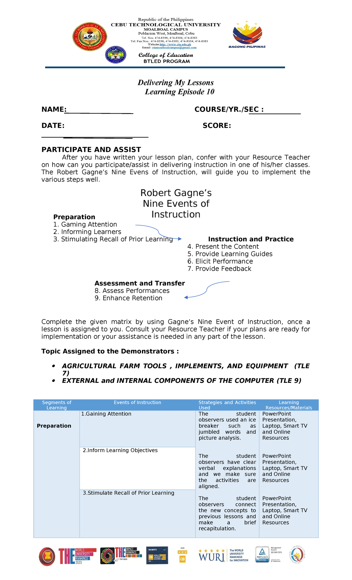 Episodes 10 - Lecture - Delivering My Lessons Learning Episode 10 NAME ...