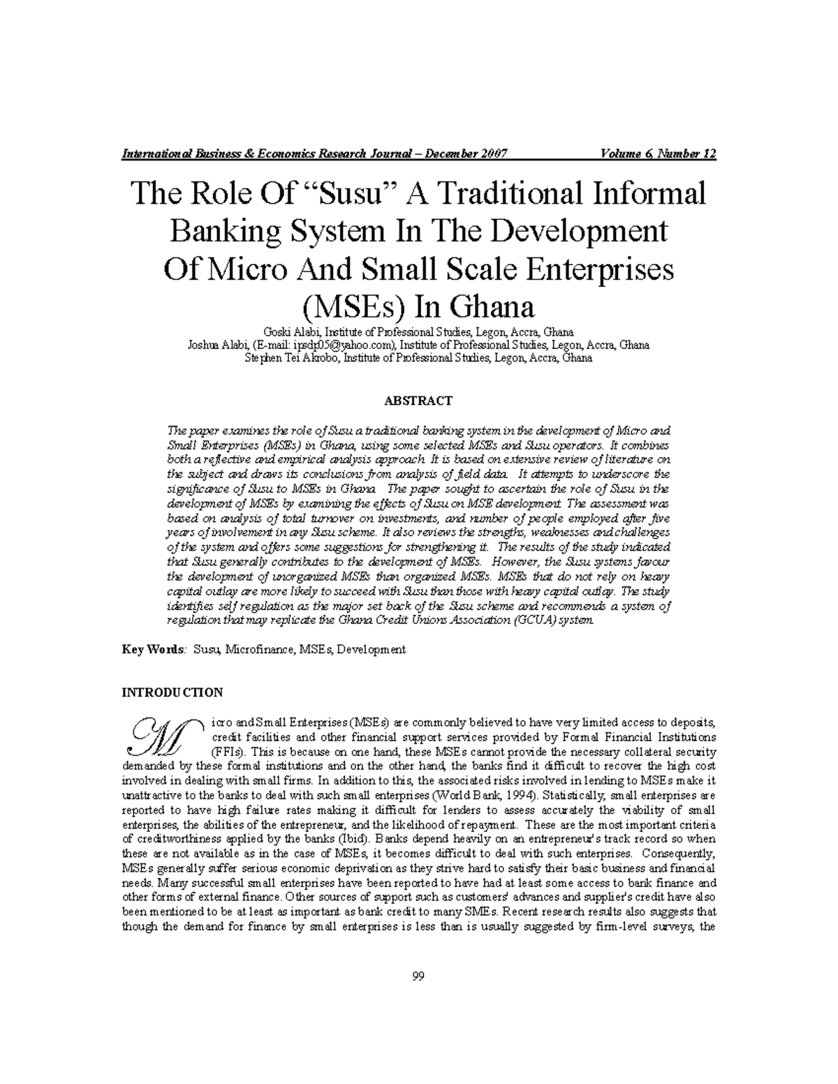 The Role of Susu in MSE Development in Ghana: An Empirical Study (IBEC ...