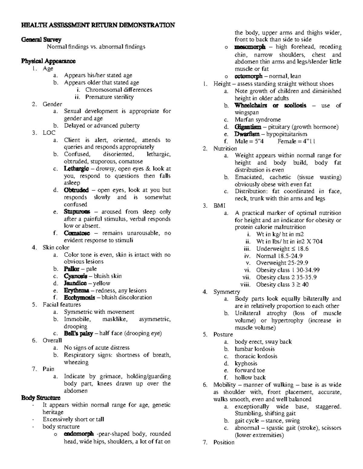 HEALTH ASSESSMENT: GENERAL SURVEY NORMAL VS ABNORMAL FINDINGS - Studocu