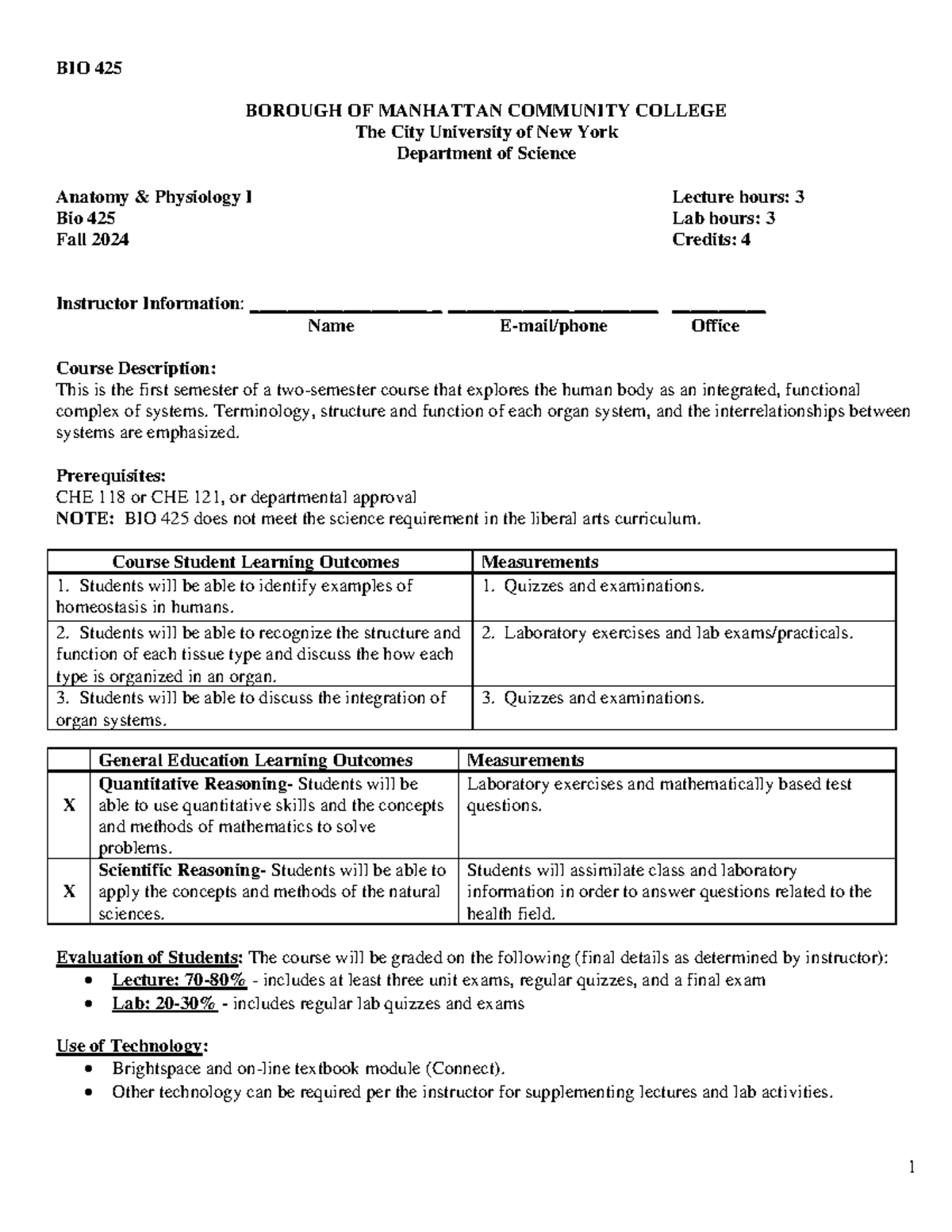 BIO 425 Anatomy & Physiology I Syllabus - Fall 2024 - Studocu