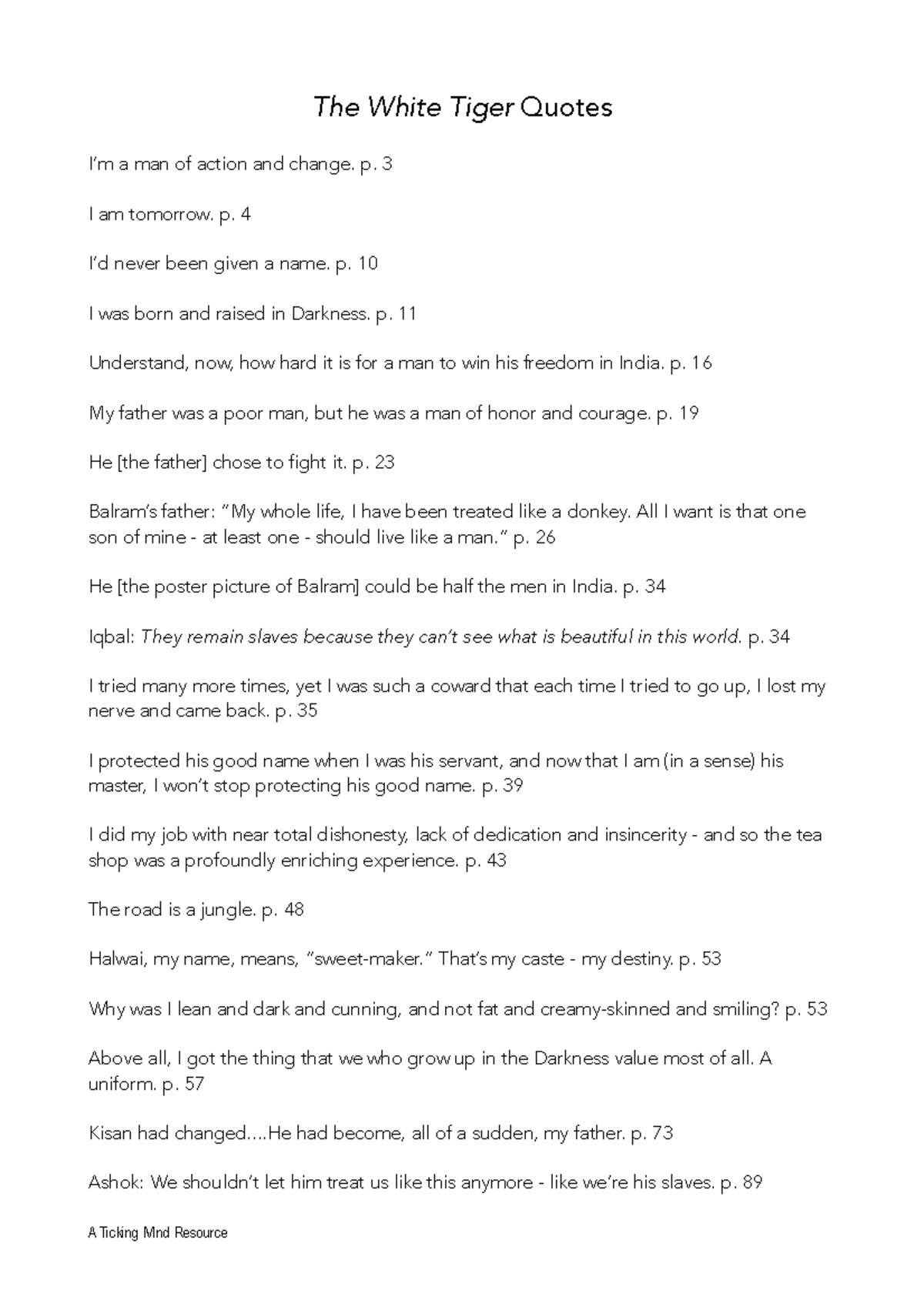 White Tiger Quotes Analysis - Key Themes and Insights - Studocu