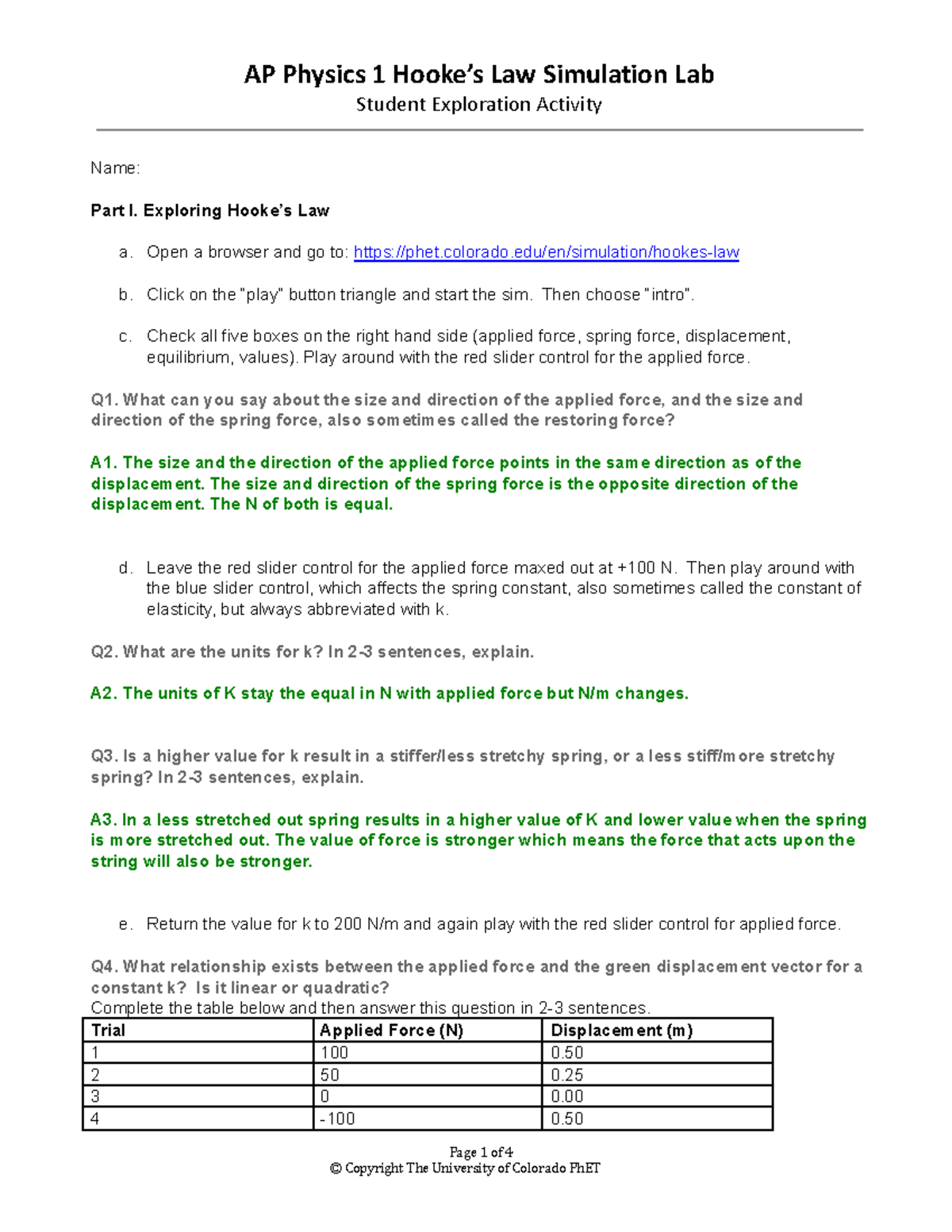Copy of AP1 LAB Ph ET Hookes Law - Student Exploration Activity Name ...