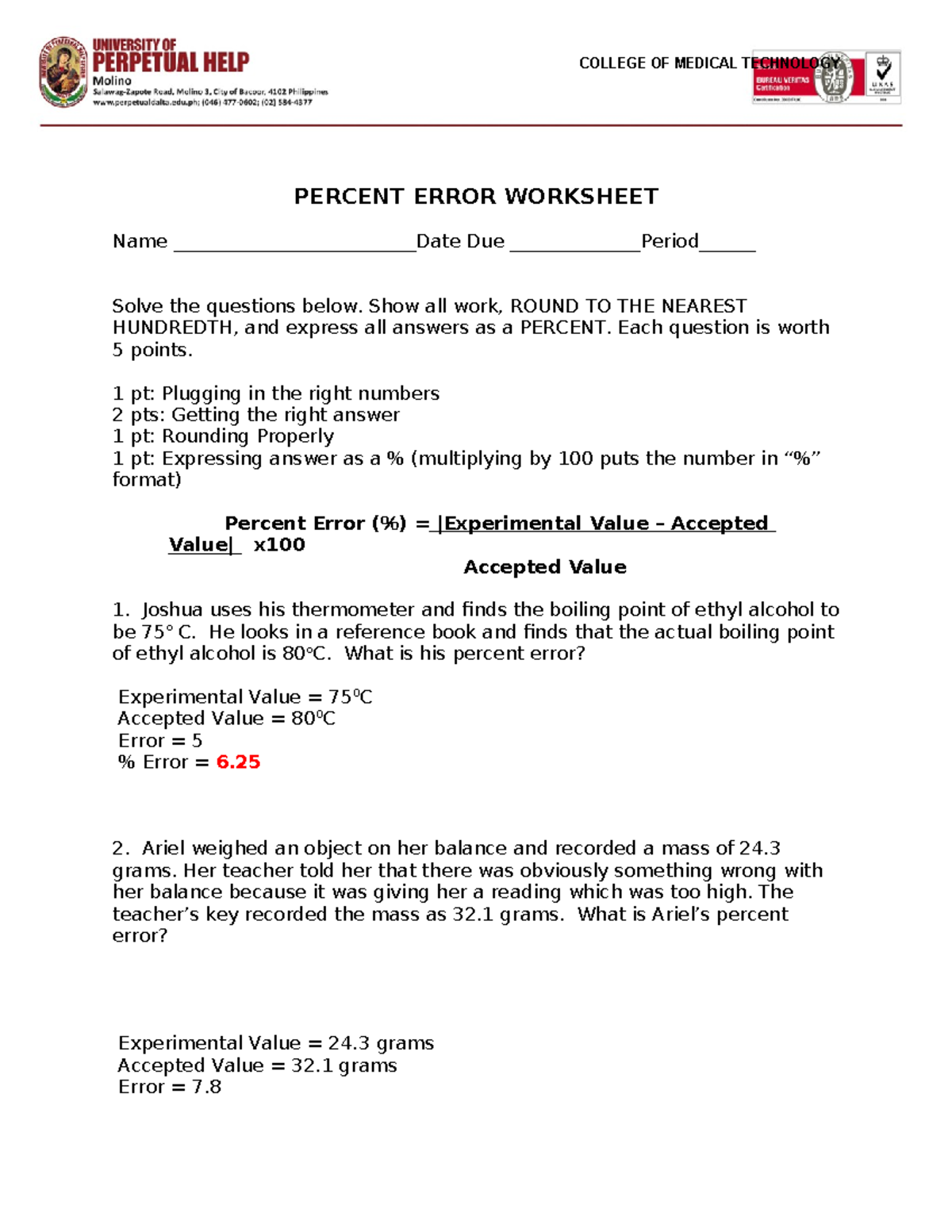 Percent Error Worksheet - Finals Exam - COLLEGE OF MEDICAL TECHNOLOGY ...