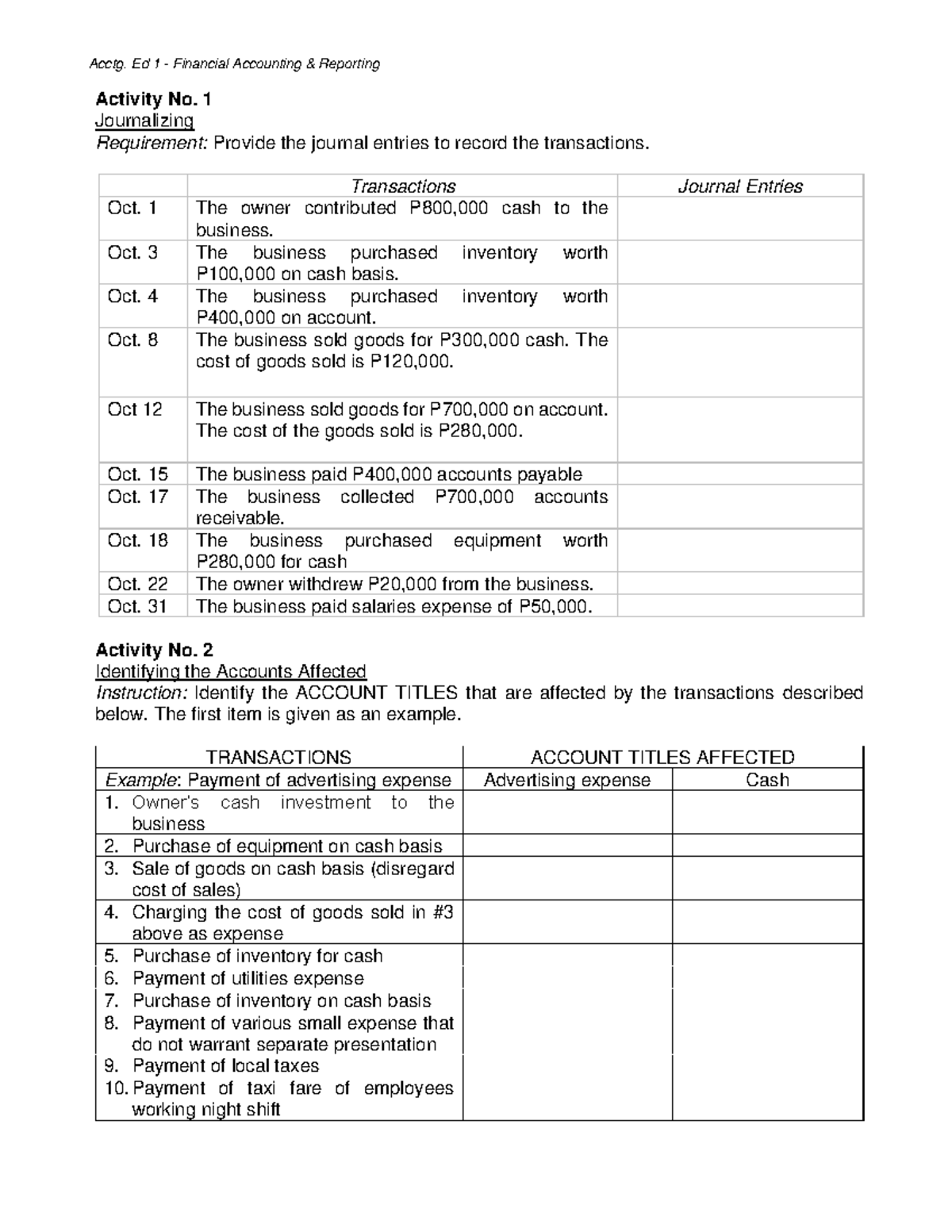Acctg - Contains texts, numbers and pictures. - Activity No. 1 ...