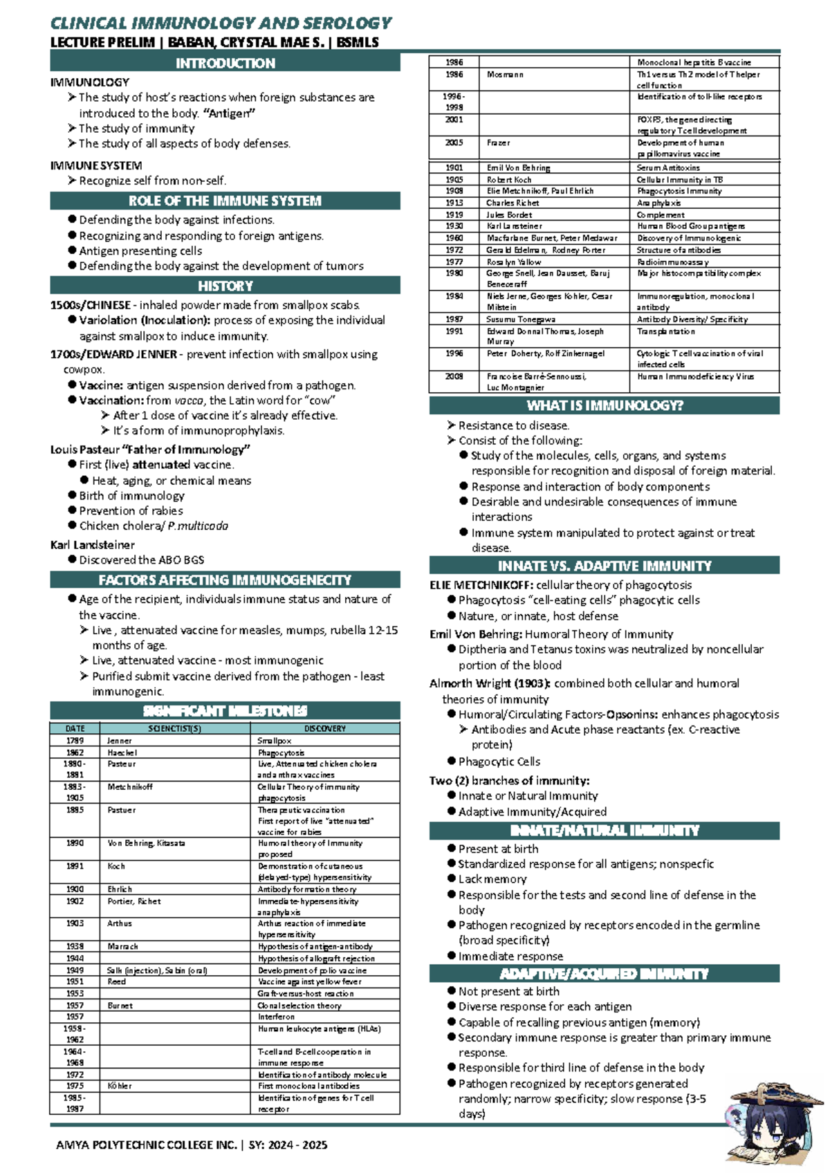 CLINICAL IMMUNOLOGY AND SEROLOGY PRELIMINARY NOTES BSMLS 2024-2025 ...