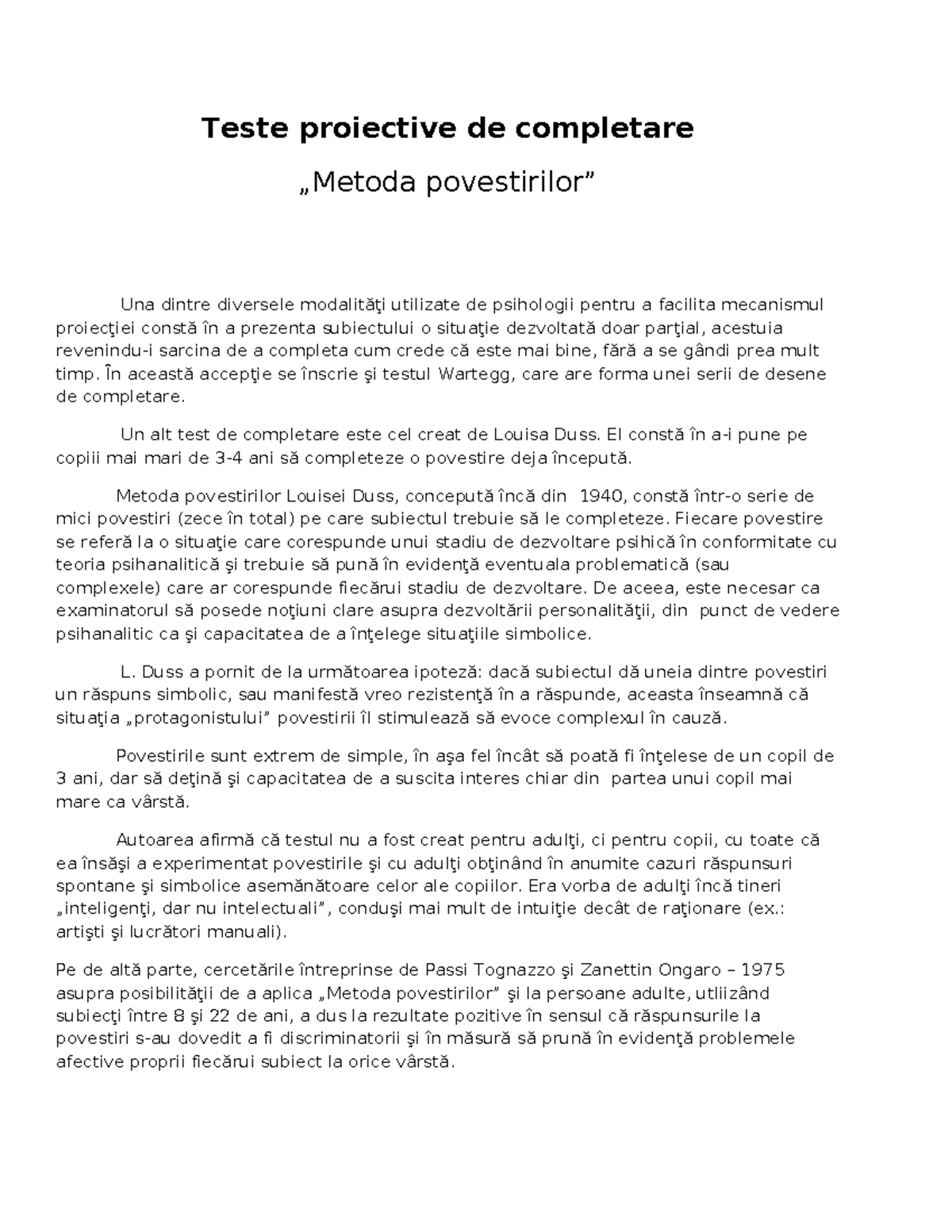 "Metoda Povestirilor L. Duss: Teste Proiective pentru Copii" - Studocu