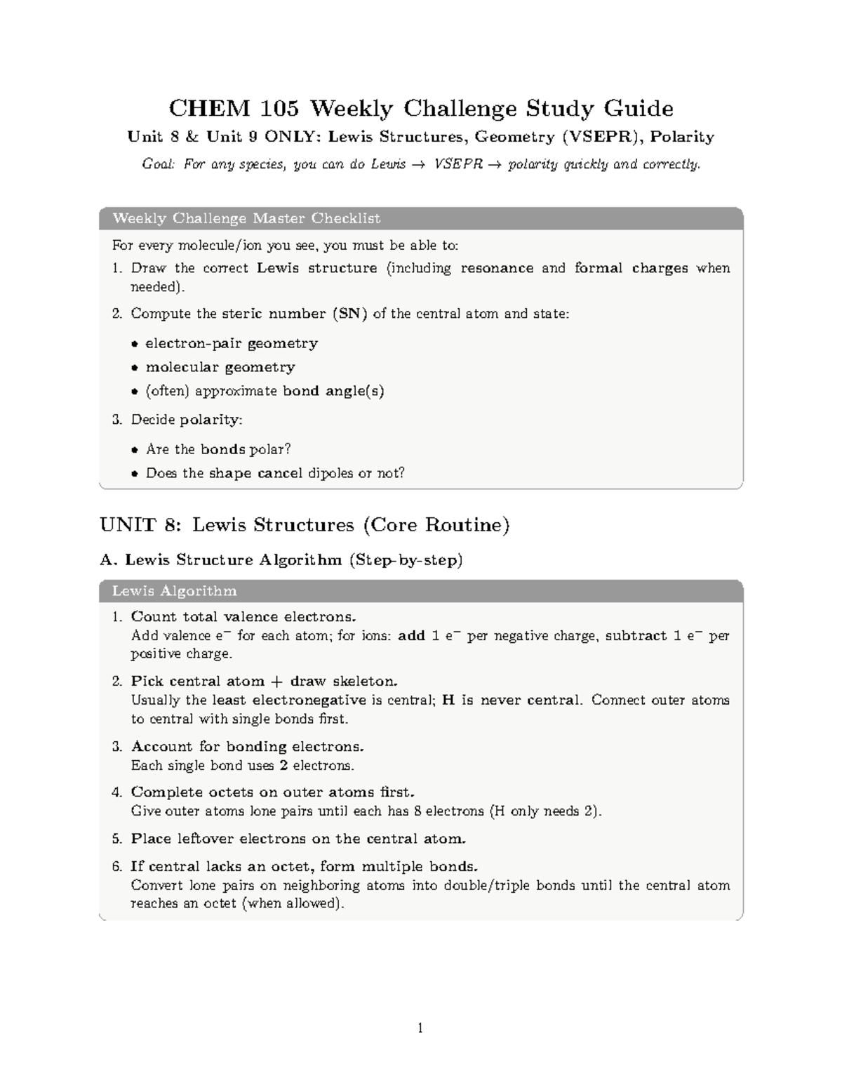 CHEM 105 Weekly Challenge Study Guide: Lewis Structures & VSEPR - Studocu