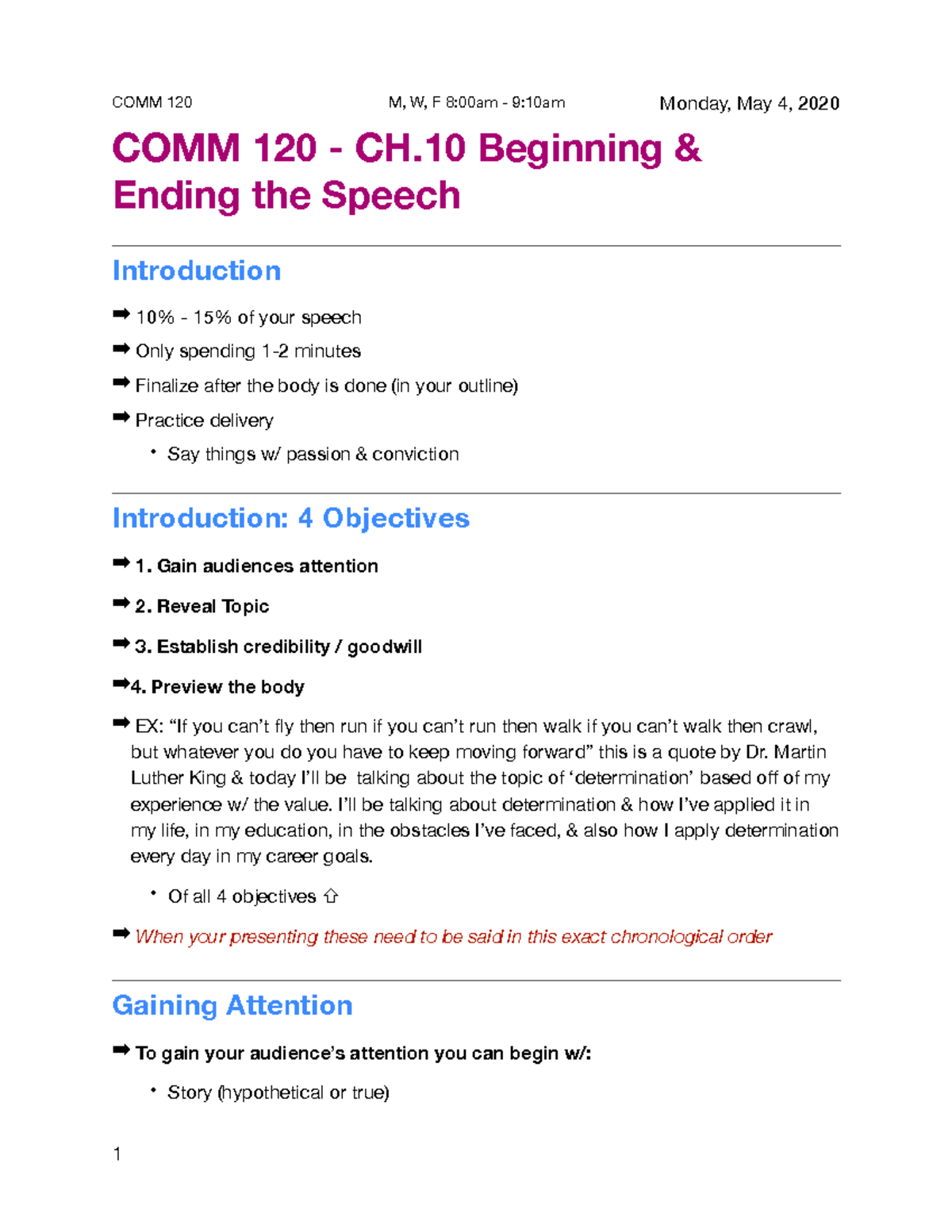 COMM 120 - CH.10 Beginning & Ending your Speech - COMM 120 - CH ...