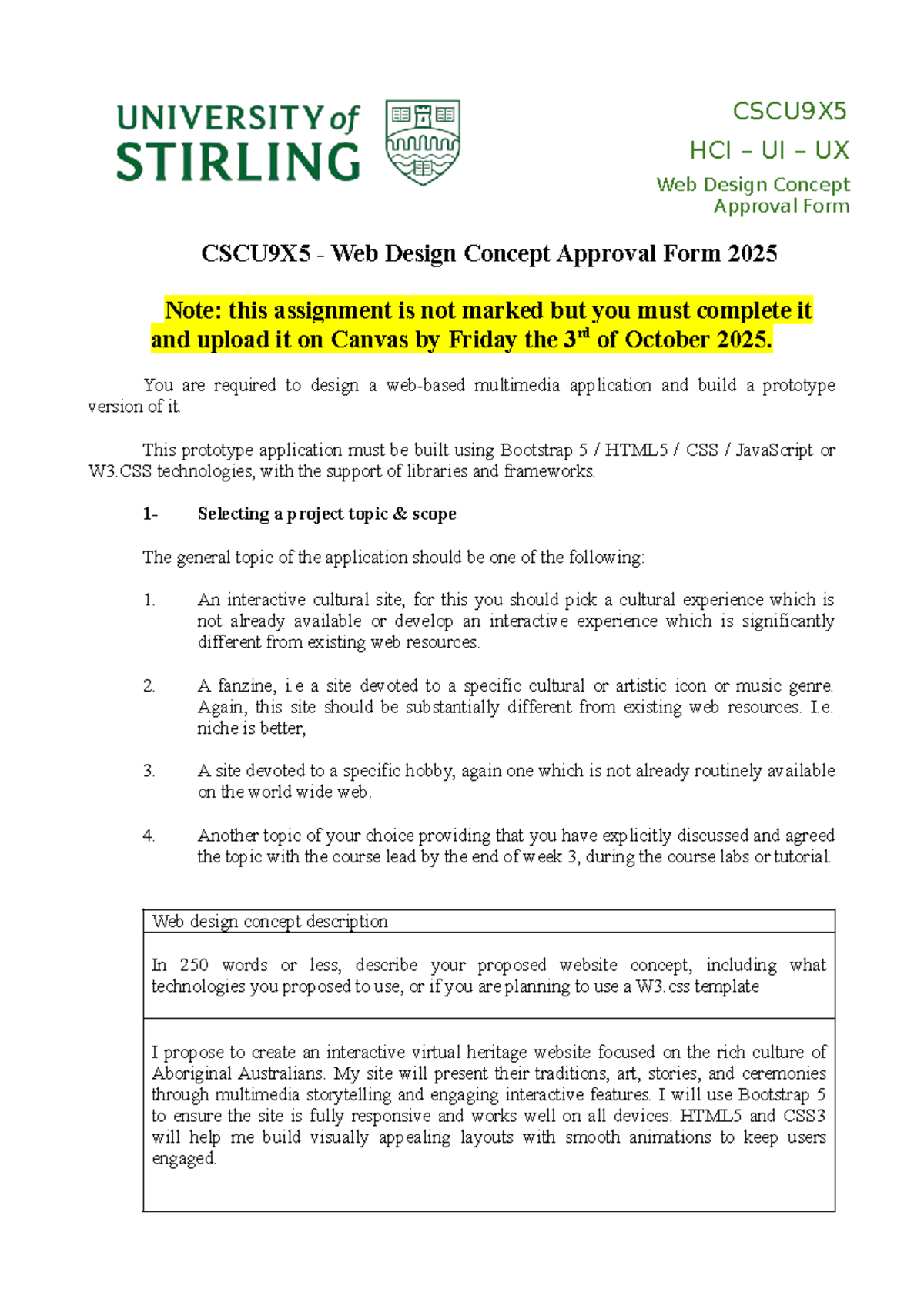 CSCU9X5 - HCI UI/UX Web Design Concept Approval Form 2025 - Studocu