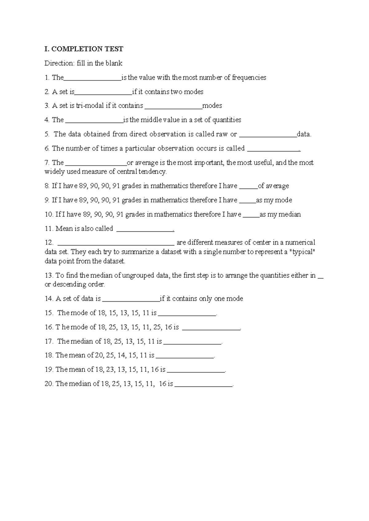 Completion Test: Measures of Central Tendency and Data Analysis - Studocu
