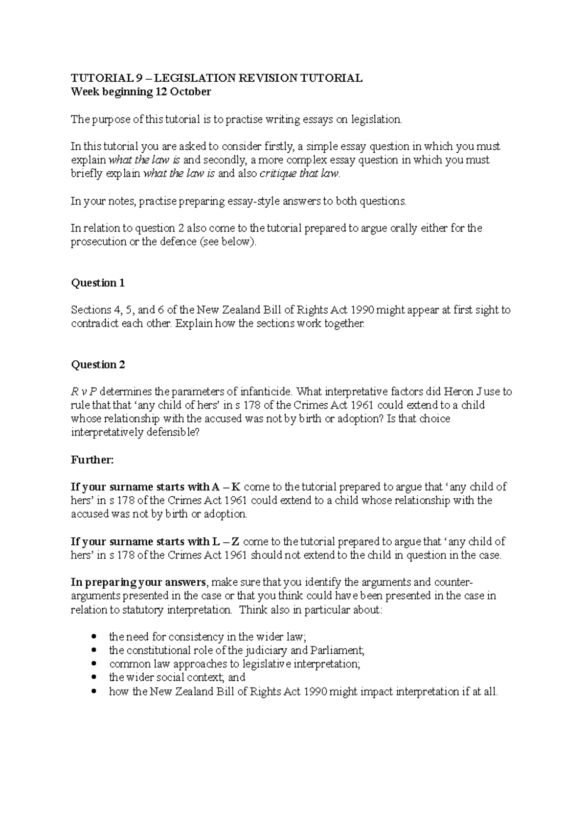 Tutorial 11 - Legislation - TUTORIAL 9 – LEGISLATION REVISION TUTORIAL ...